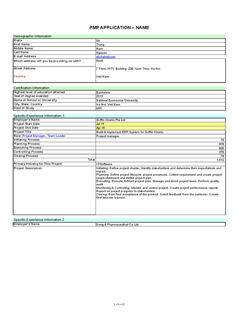 PMP Application Sample with Experience | PDF | Spreadsheet | Logistics