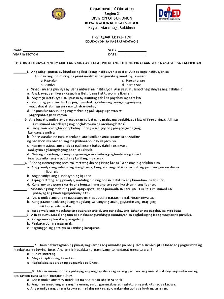 Esp 8 1st Q Pre-Test | PDF