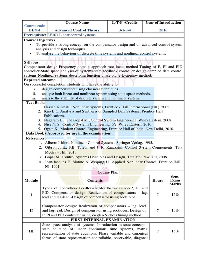 EE304 Advanced Control Theory | PDF | Stability Theory | Control Theory