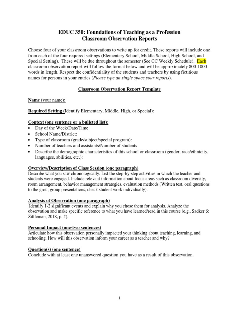 EDUC 350: Foundations of Teaching As A Profession Classroom Observation Reports | PDF