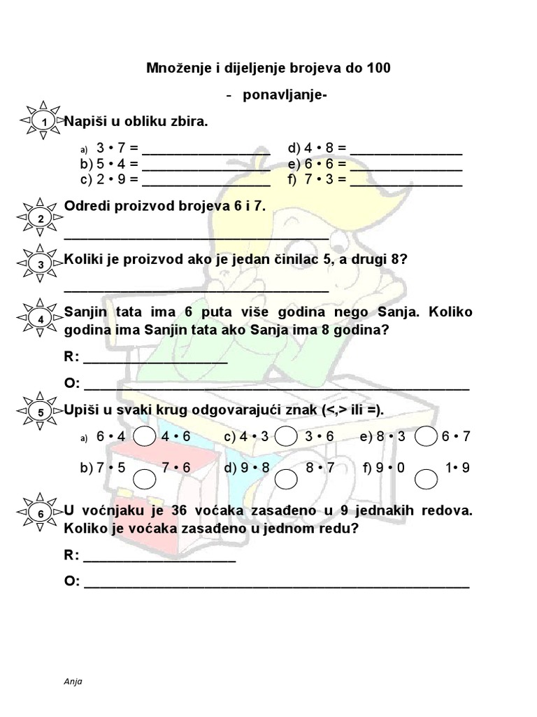 Mnozenje I dijeljenje Brojeva Dо 100 | PDF