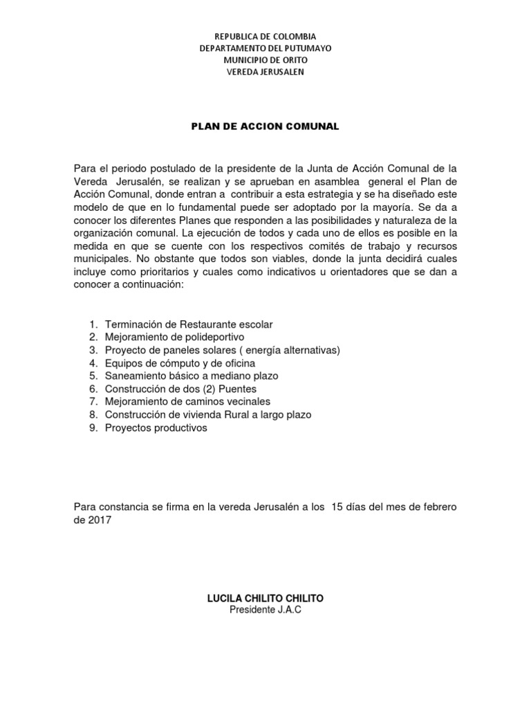 Plan de Accion Comunal | PDF | Ciencias sociales | Tecnología