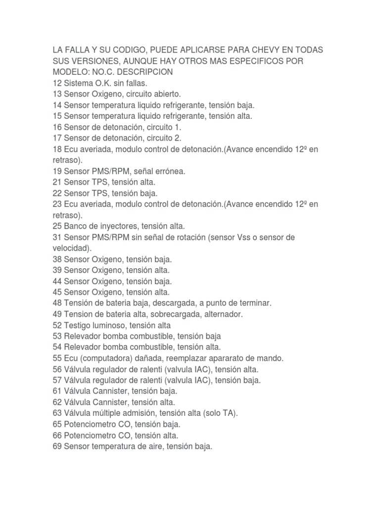 Codigos Falla Chevy | PDF | Tecnología