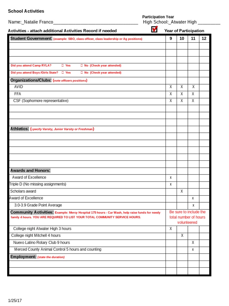 Muhsd Activity Record 2017 - Natalie Franco | PDF