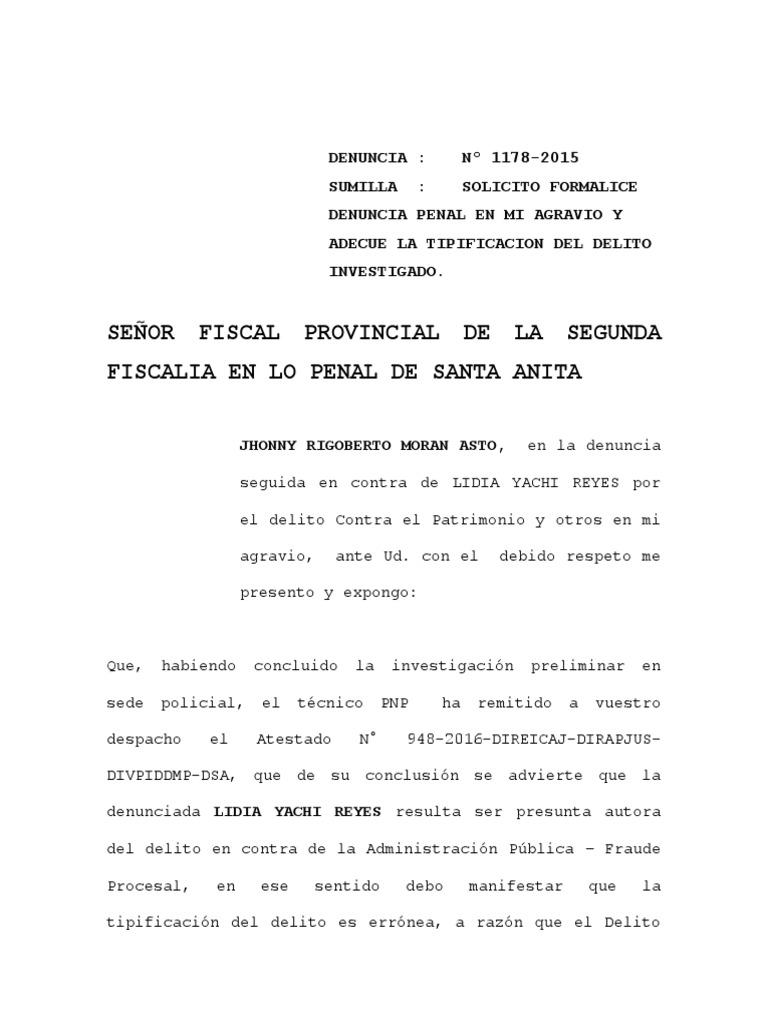 Escrito a La Fiscalia Solicitando Formalizacion de Denuncia Penal | Derecho penal | Crímenes