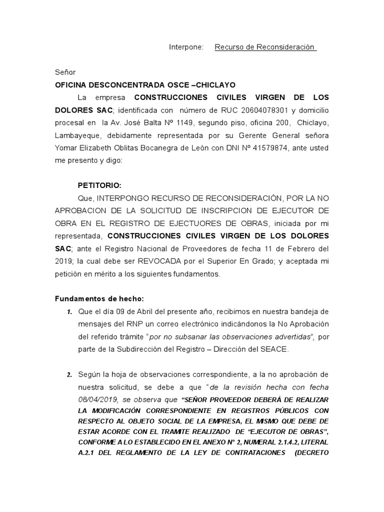 Recurso de Reconsideración OSCE | PDF | Gobierno | Justicia