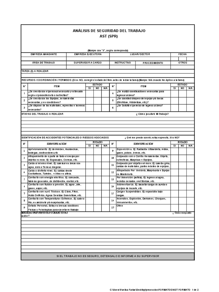 Análisis De Seguridad Del Trabajo Ast (Spr): Si El Trabajo No Es Seguro ...