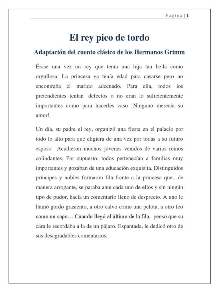 El Rey Pico de Tordo Hermanos Grimm | PDF