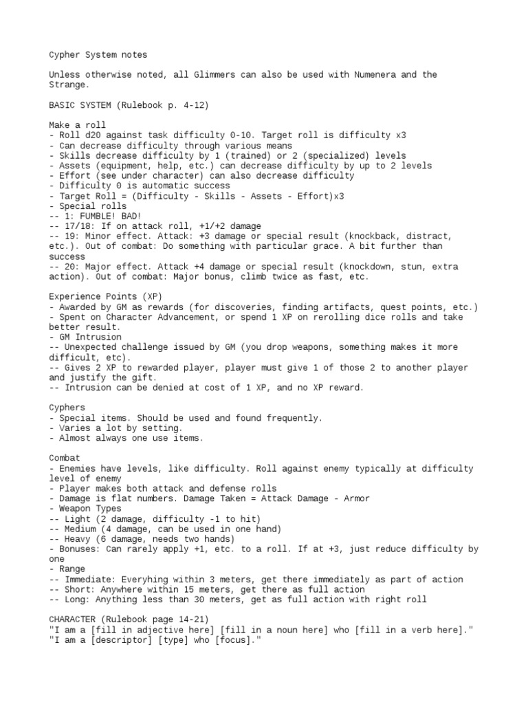 01 Cypher System Notes | PDF | Role Playing Games | Gaming