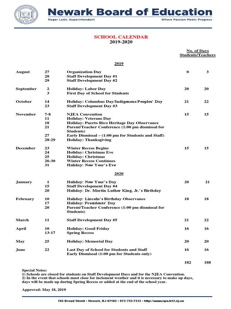Newark Public Schools CALENDAR SY 2019-2020 | PDF | Holidays | Traditions