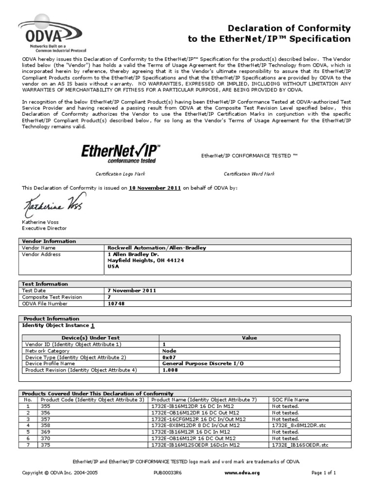 Declaration of Conformity To The Ethernet/Ip™ Specification: Certification Logo Mark ...