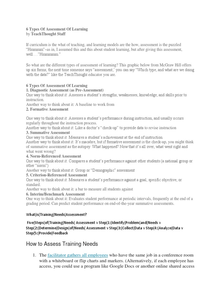 Six Types of Learning Assessment | PDF | Needs Assessment | Educational ...