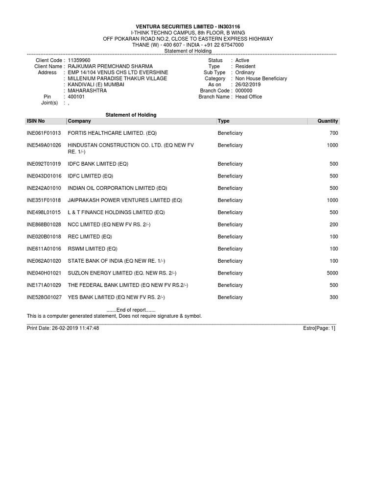 Ventura Securities Client Holding Statement | PDF | Economy Of Asia ...