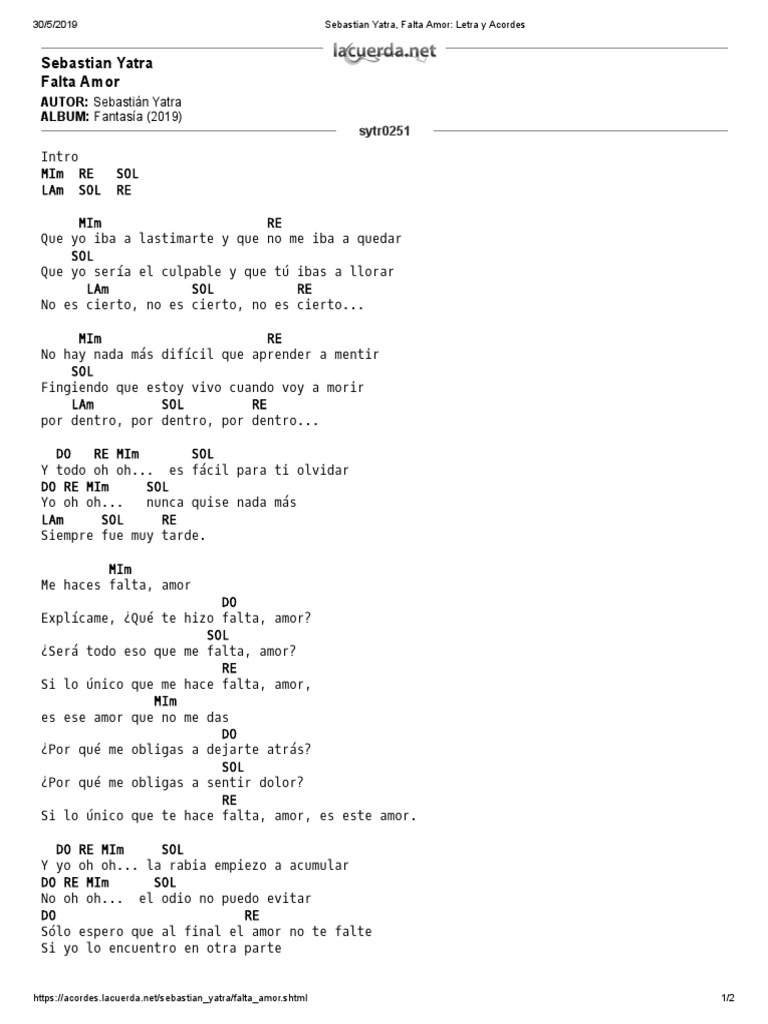 Sebastian Yatra, Falta Amor - Letra y Acordes | PDF | Ocio
