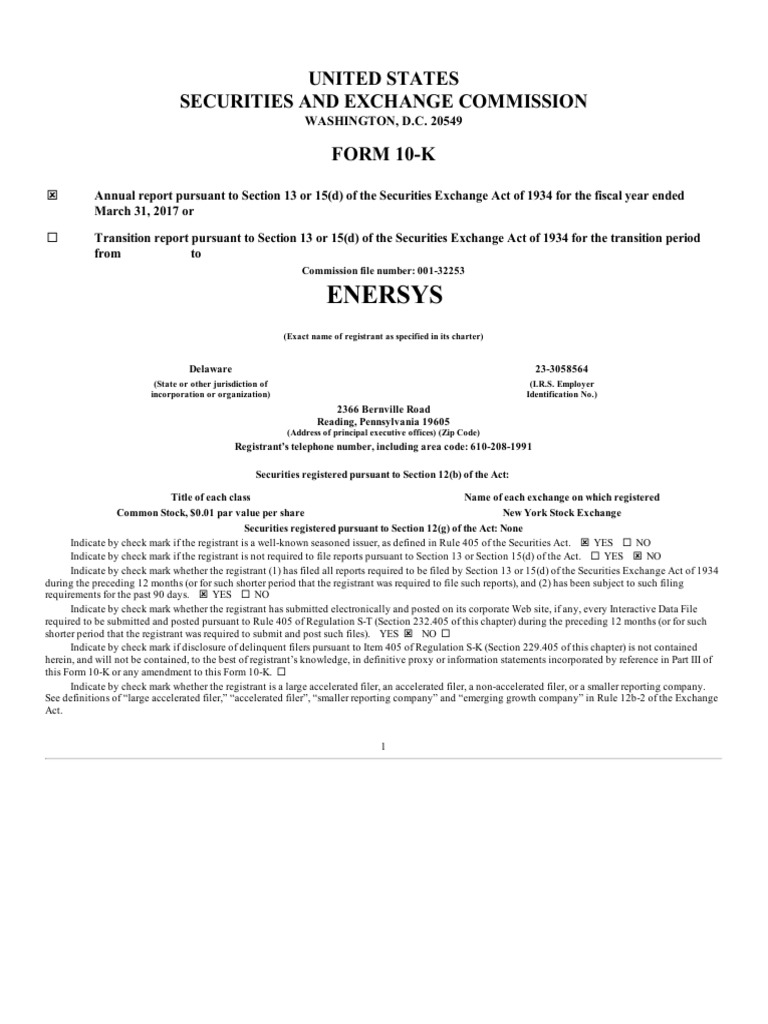 EnerSys 10K | PDF | Form 10 K | Dangerous Goods