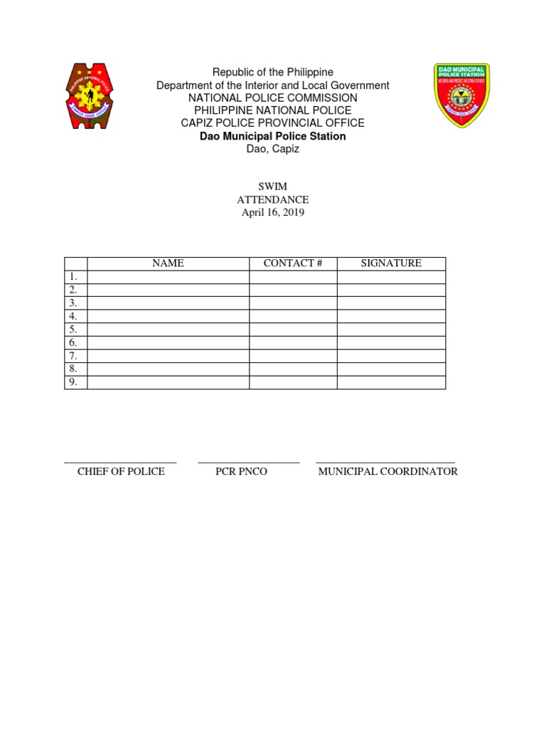Swim Attendance Record - Dao Police | PDF