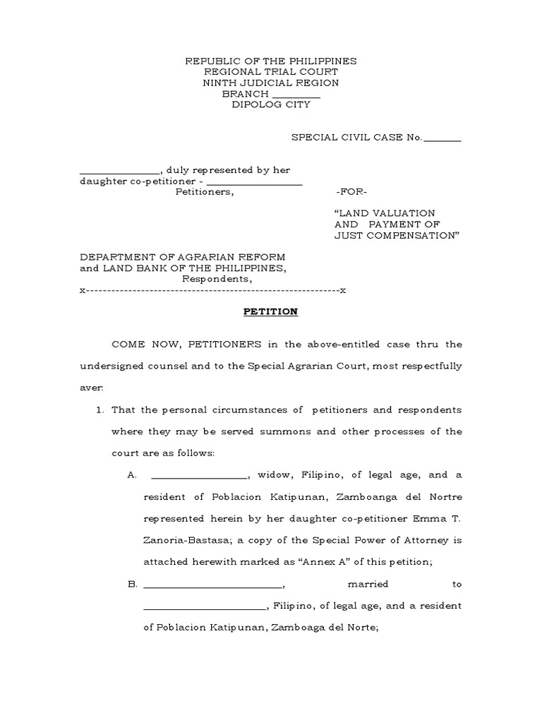 Petition For Land Valuation and Payment of Just Compensation | PDF ...