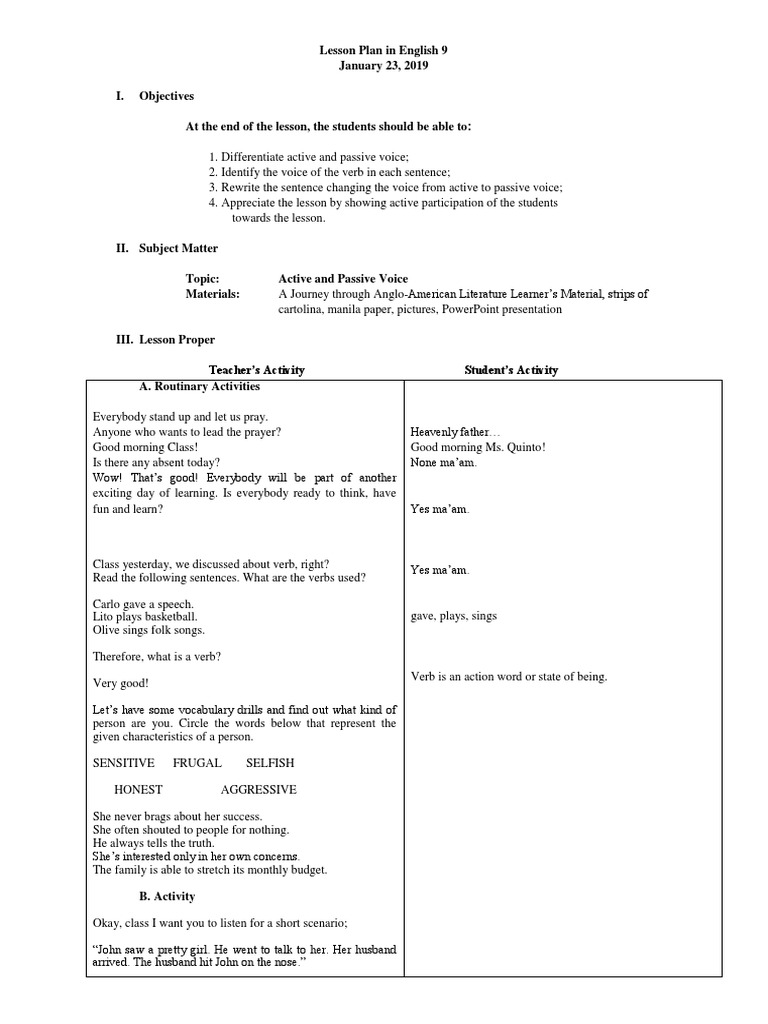 Lesson Plan in English 9 | PDF | Subject (Grammar) | Verb