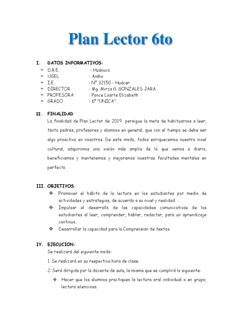 Plan Lector 6to Grado: Actividades y Lecturas | PDF | Estudiantes ...