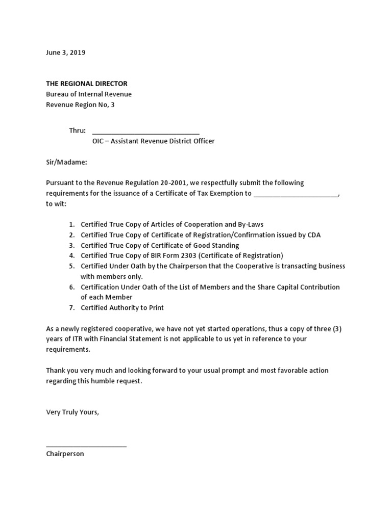 Letter Request To BIR For Tax Exemption Cert | PDF