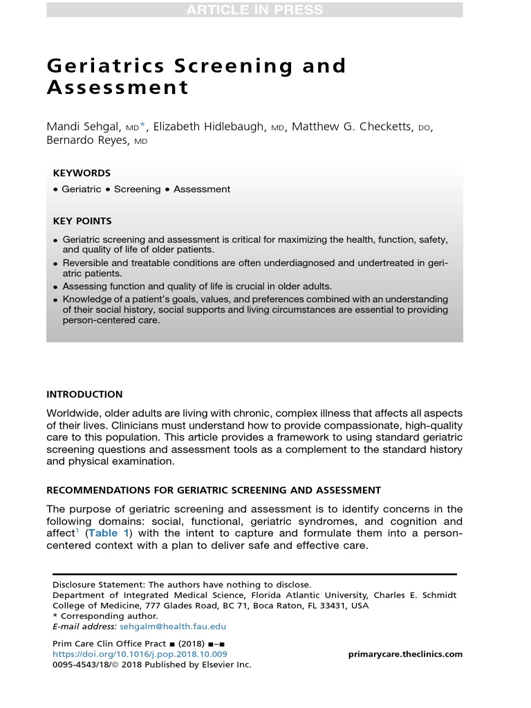 Geriatrics Screening and Assessment | PDF | Urinary Incontinence | Pain