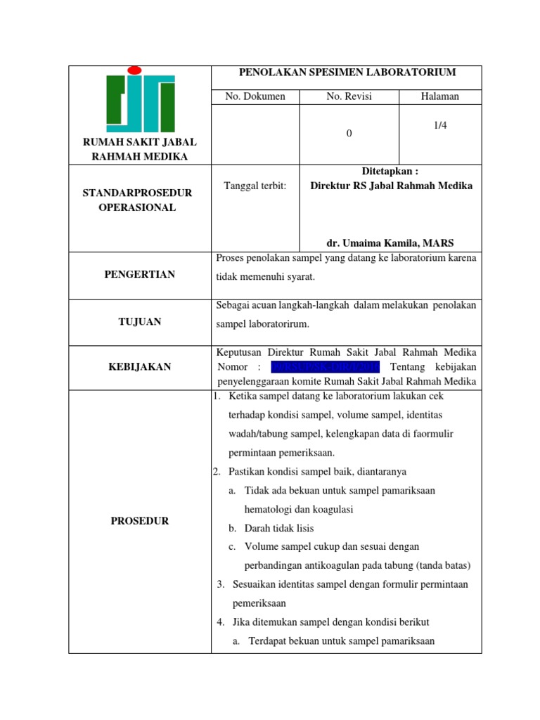Penolakan Spesimen Laboratorium | PDF