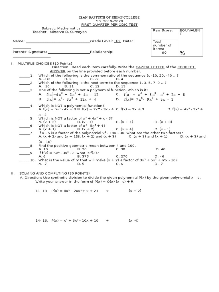 1st Quarter MATH 10 PT SY 2019-2020 (T. Minerva) | PDF | Arithmetic ...