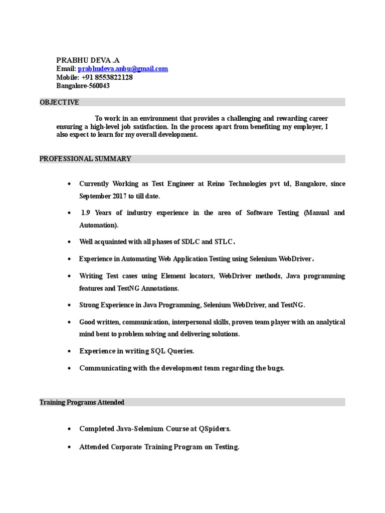 Prabhu Deva A's Resume - Software Test Engineer | PDF | Selenium ...