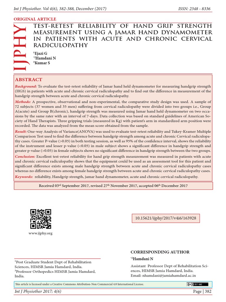 Test-Retest Reliability of Hand Grip Strength Measurement Using A Jamar ...