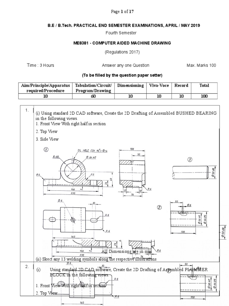 BE/BTech CAD Machine Drawing Exam Questions | PDF | 3 D Modeling | Screw