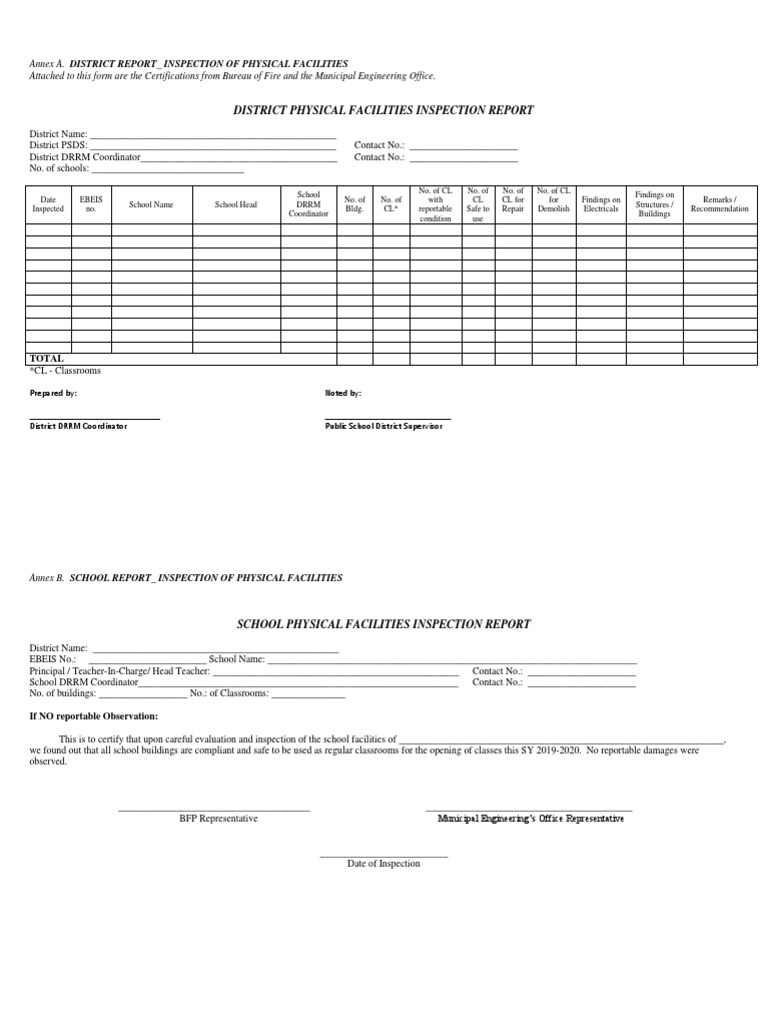 District Physical Facilities Inspection Report | PDF | Business