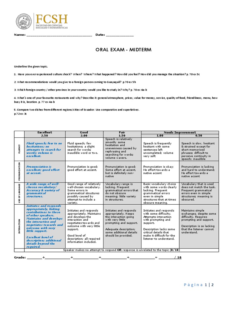 Oral Exam + Rubric | PDF | Accent (Sociolinguistics) | Vocabulary