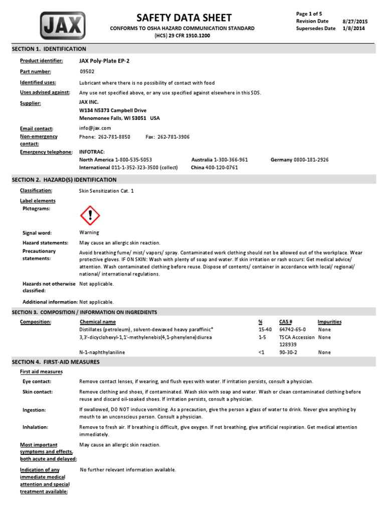 Safety Data Sheet: JAX Poly-Plate EP-2 Section 1. Identification | PDF ...