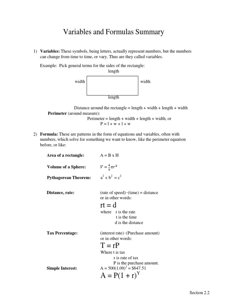 Variables and Formulas Summary: Perimeter (Around Measure) | PDF | Area ...