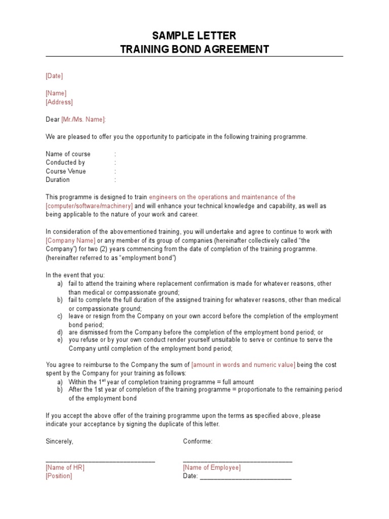 Training Bond Agreement Sample Letter | PDF | Career & Growth