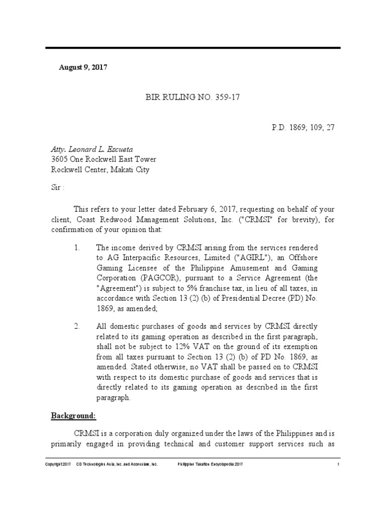 BIR Ruling 359-17 | PDF | Tax Exemption | Taxes