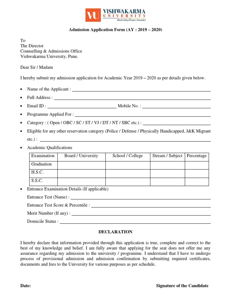 Admission Application Form 2019 - 2020 PDF | PDF