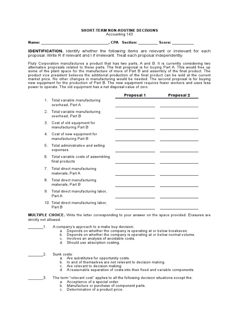 Short-Term Non-Routine Decision Analysis | PDF | Cost | Decision Making