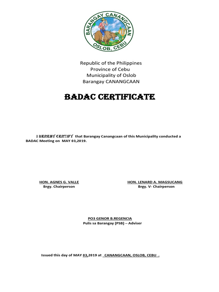 Badac Certificate: Republic of The Philippines Province of Cebu ...