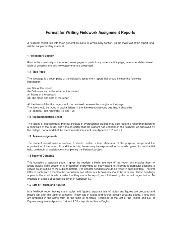 Format For Writing Fieldwork Assignment Reports: 1 Preliminary Section ...