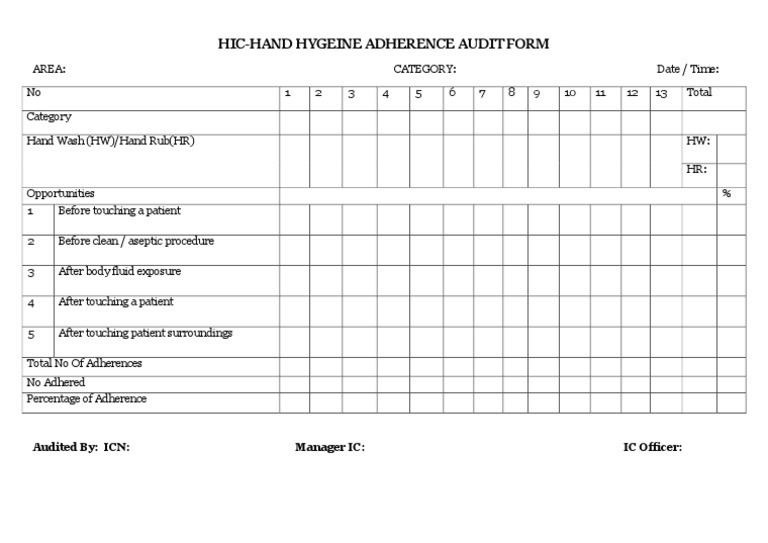 Hic-Hand Hygeine Adherence Audit Form: Audited By: ICN: Manager IC: IC ...