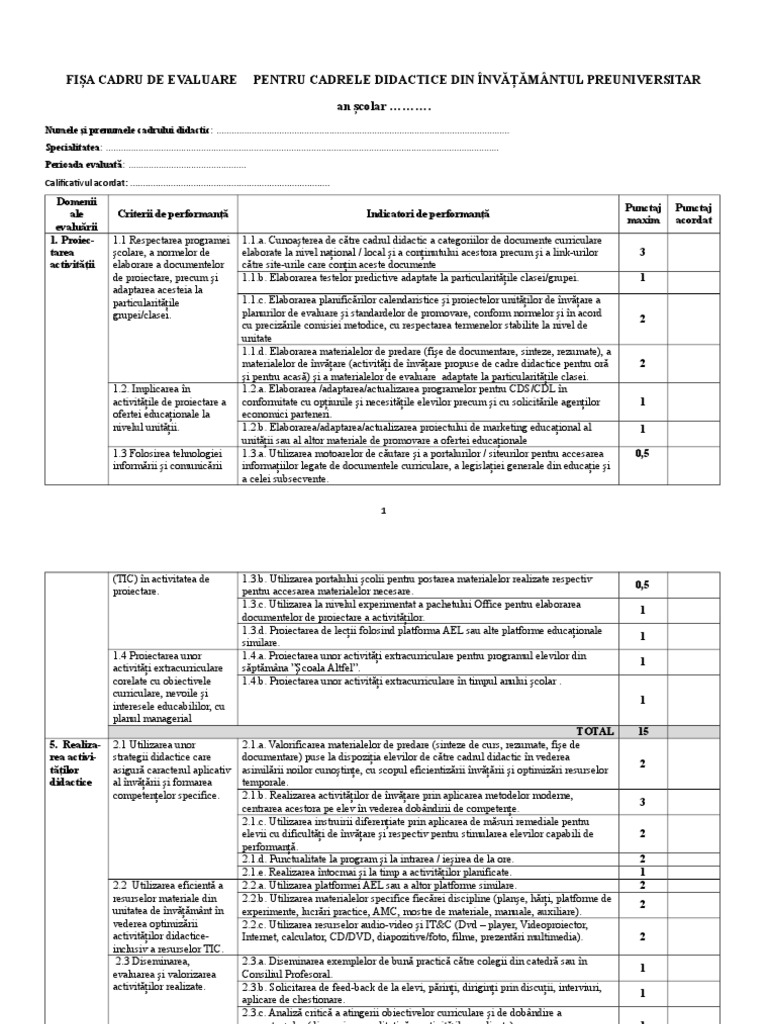Fisa Autoevaluare Cadre Didactice - Model | PDF