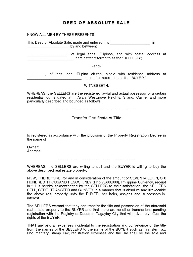 Deed of Absolute Sale (Sample) | PDF | Deed | Property