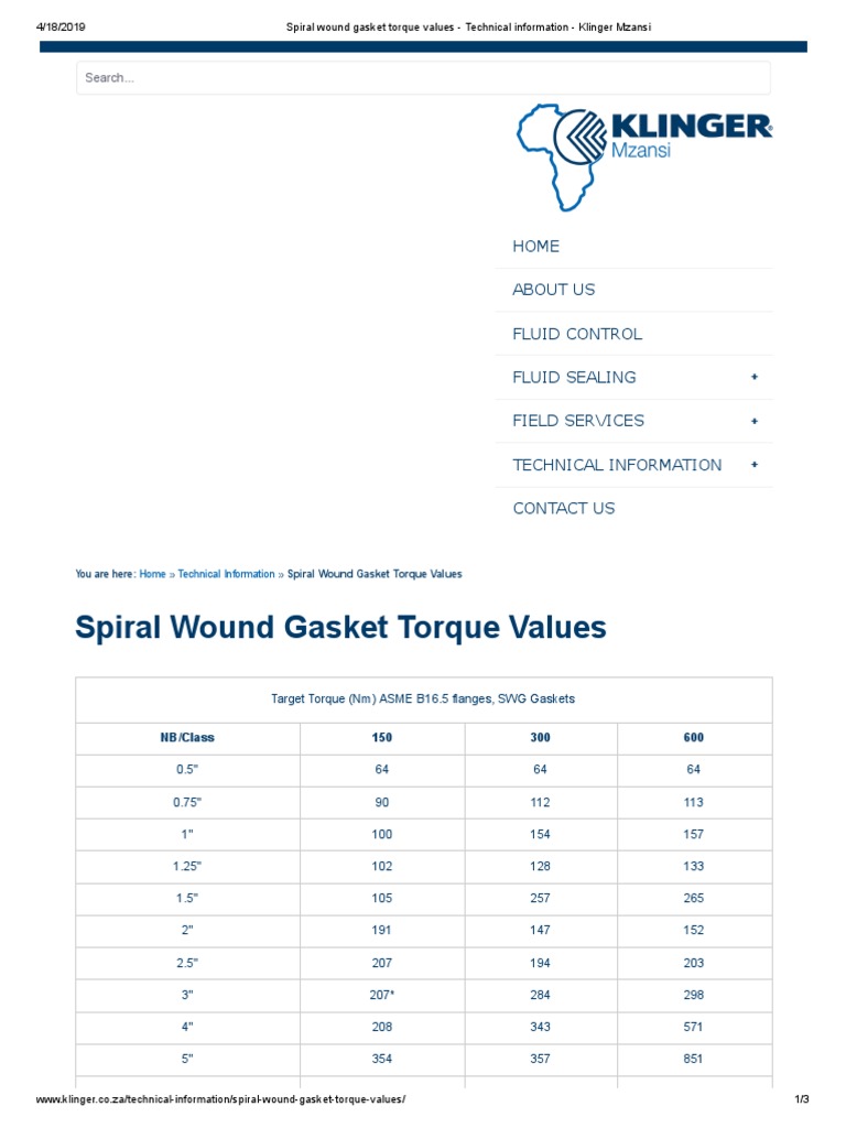 Spiral Wound Gasket Torque Values - Technical Information - Klinger ...