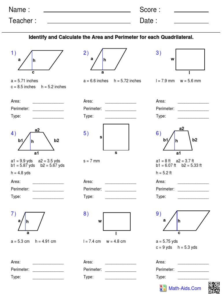 Name: Teacher: Date: Score:: Identify and Calculate The Area and ...