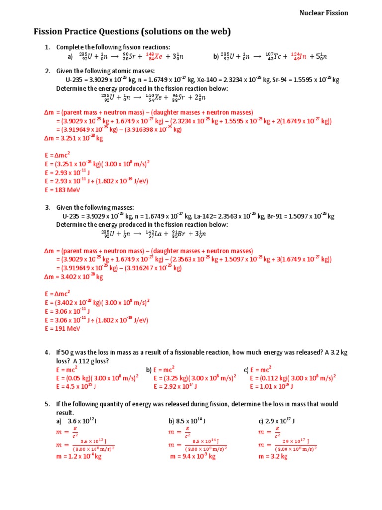 Nuclear Fission Practice Questions | PDF | Nuclear Reaction | Nuclear ...