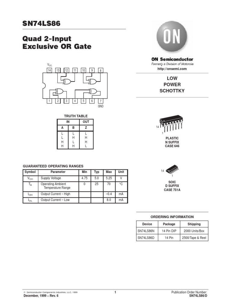 SN74LS86 Quad 2-Input Exclusive OR Gate: LOW Power Schottky | PDF ...