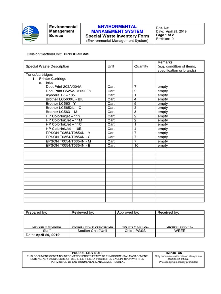 Ink Special Waste Inventory Form | PDF | Publishing | Graphic Design