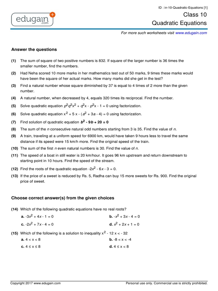 Grade 10 Quadratic Equations in PDF | PDF | Speed | Quadratic Equation
