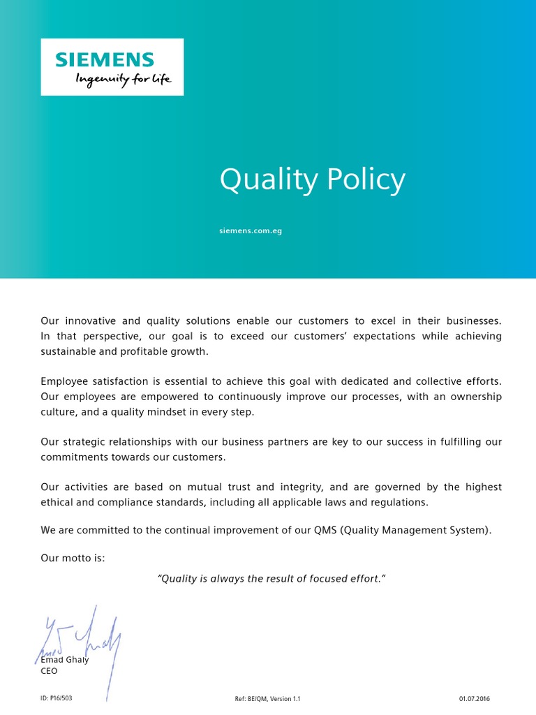 Quality Policy: "Quality Is Always The Result of Focused Effort." | PDF